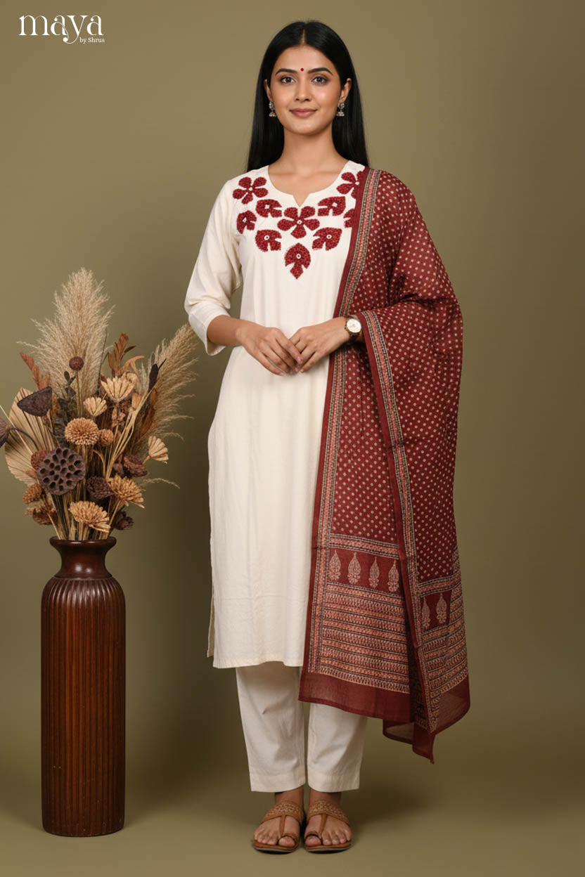 Buy Off-White Salwar Suit With Embroidered Neck | Readymade Salwar Sui ...