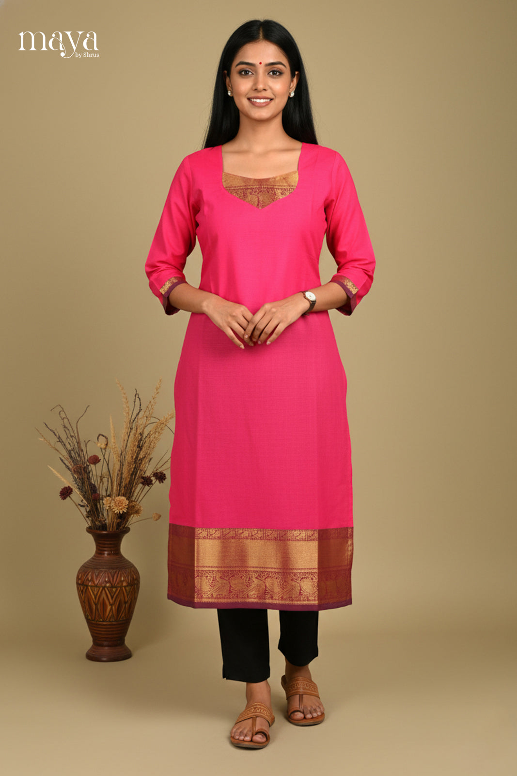 Buy Rani Pink & Maroon Chettinad Cotton Kurtis | Cotton Tops For Summe ...